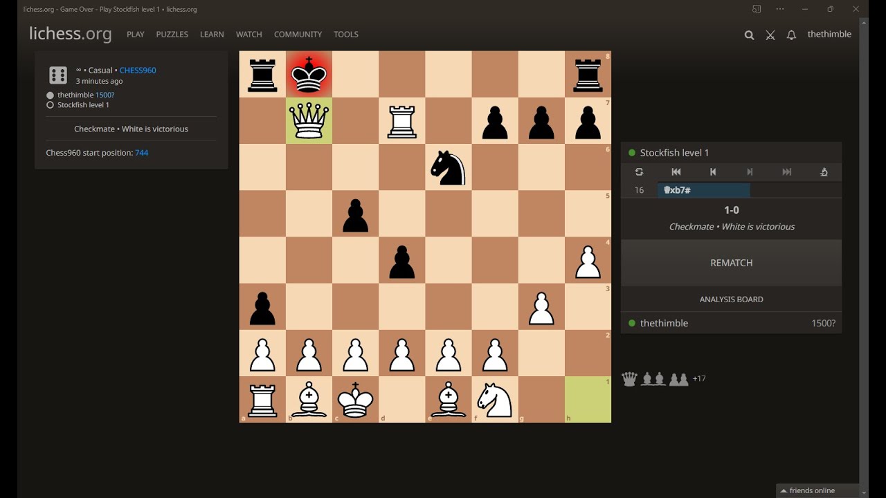Chess960 Computer level 1 A.I. Lichess.org Thethimble - YouTube