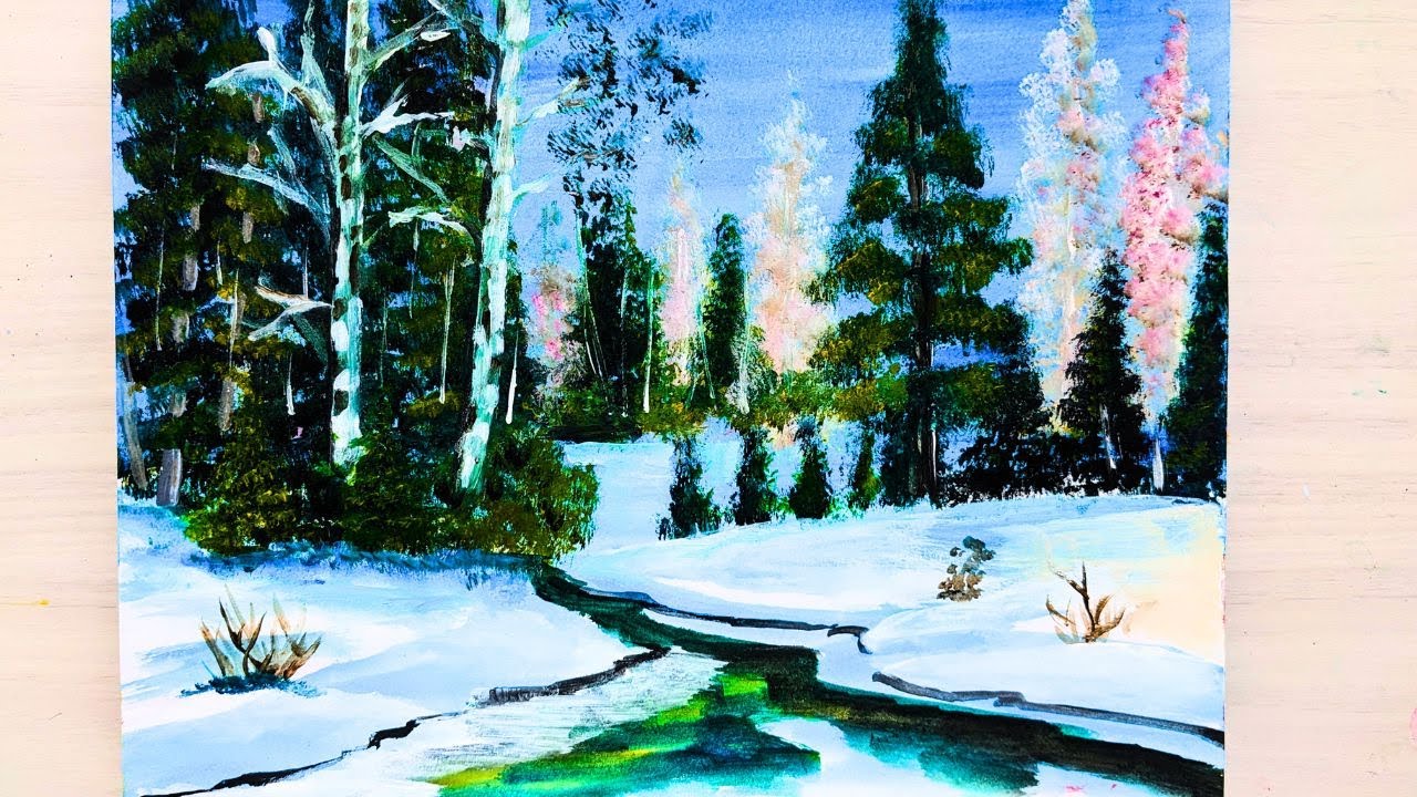 Winter Forest River | Acrylic landscape painting for beginners - YouTube