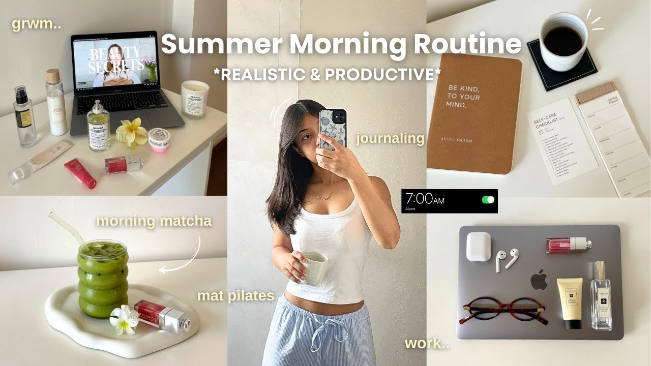 Summer morning routine ☀️🍵🌸💻 7AM morning, mat pilates, matcha ...