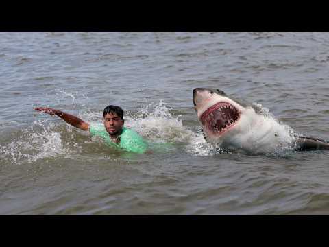 Shark Attack on Fishing Boat | fun made great white shark fish attack video 2
