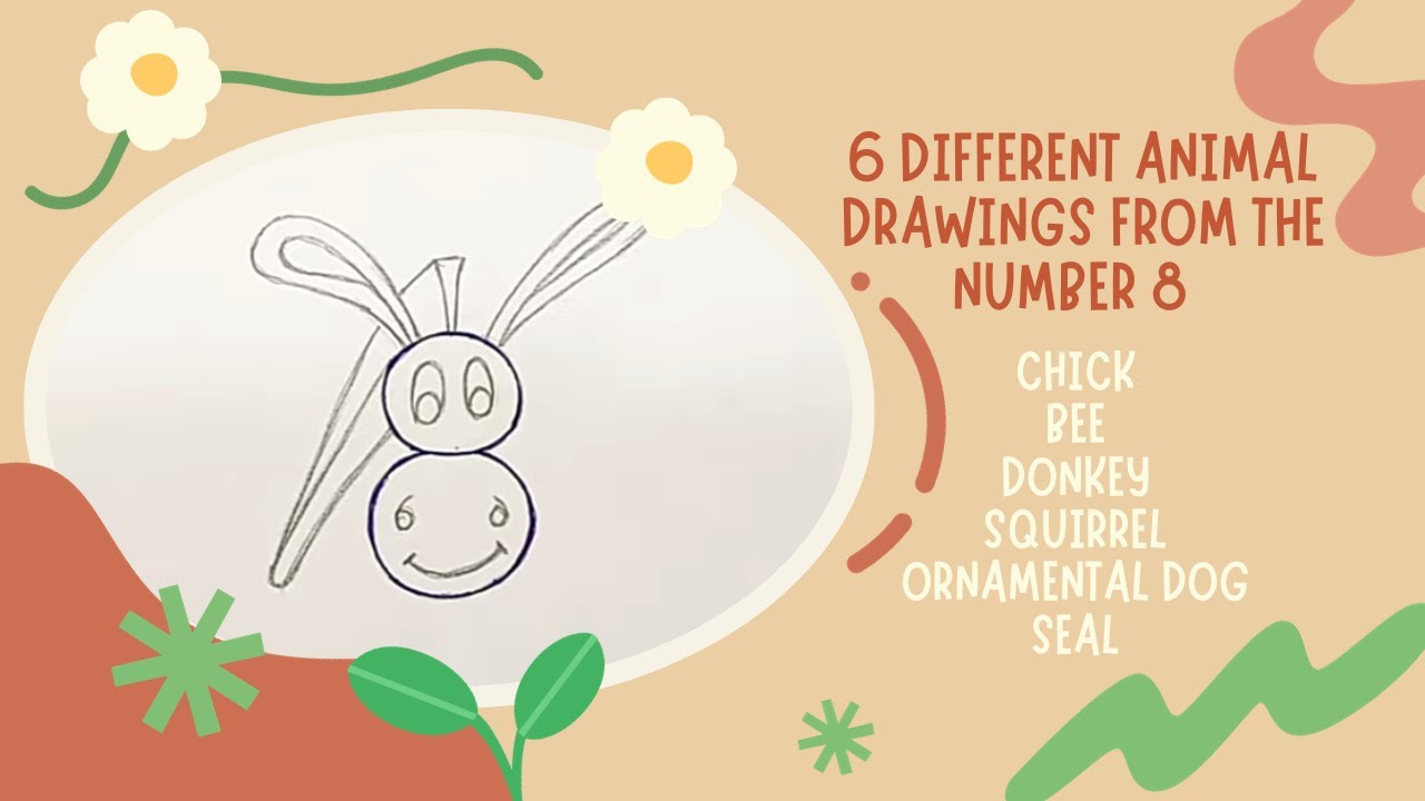 6 different animal drawings from the NUMBER 8 (chick, bee, donkey ...