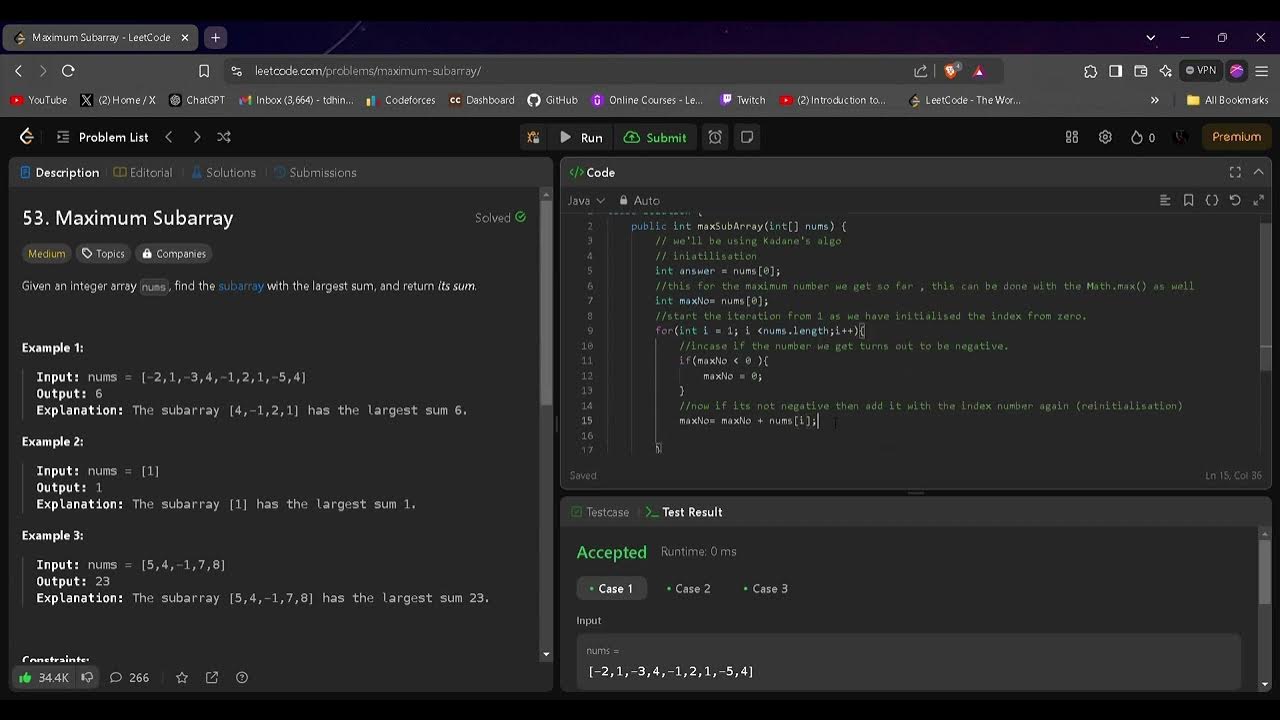 Maximum Subarray Leetcode 53 Java Solution Youtube