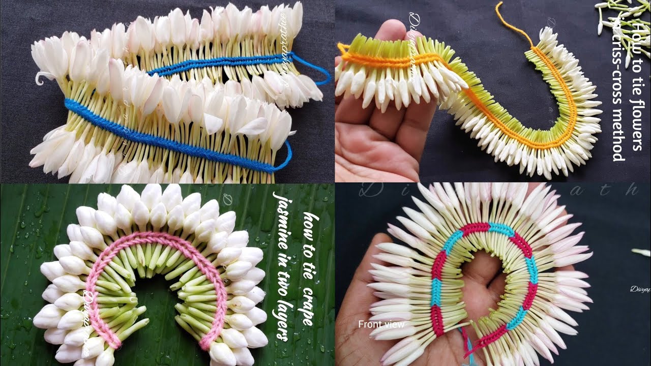 4 Different jasmine flower garlands/How to tie flowers in crisscross ...