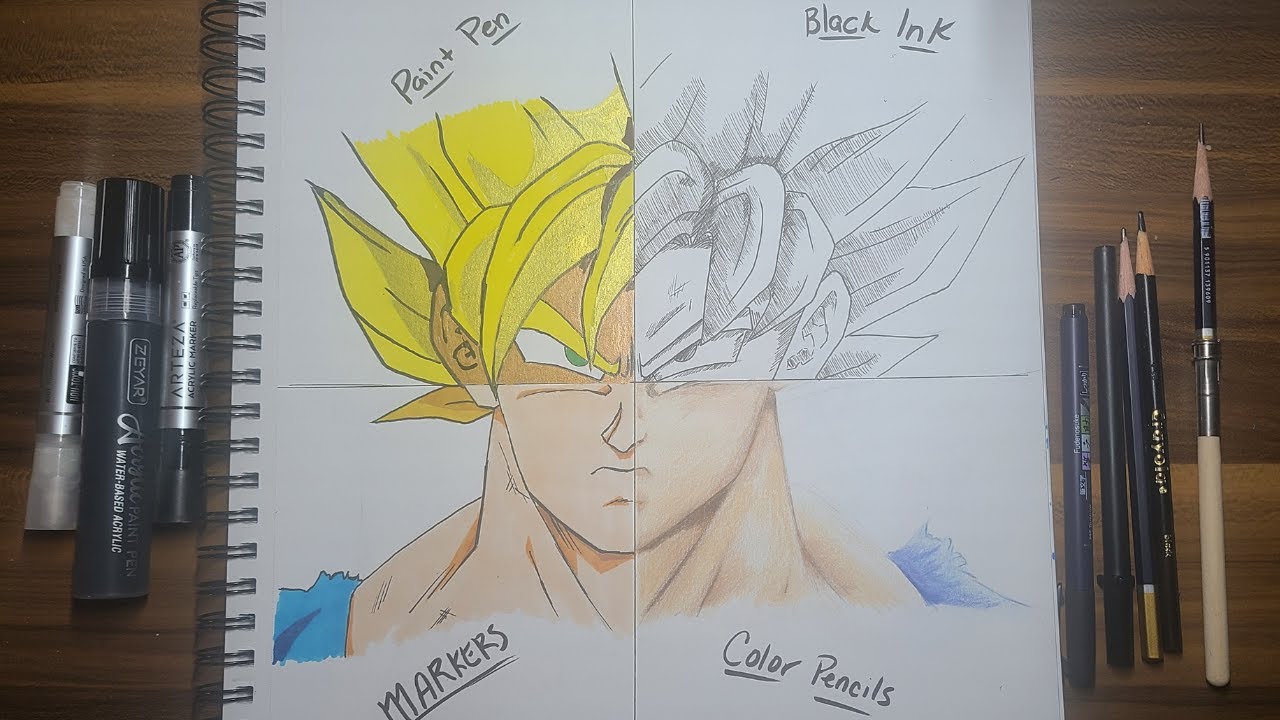 Drawing Goku: The Ultimate Challenge with 4 Different Mediums! - YouTube