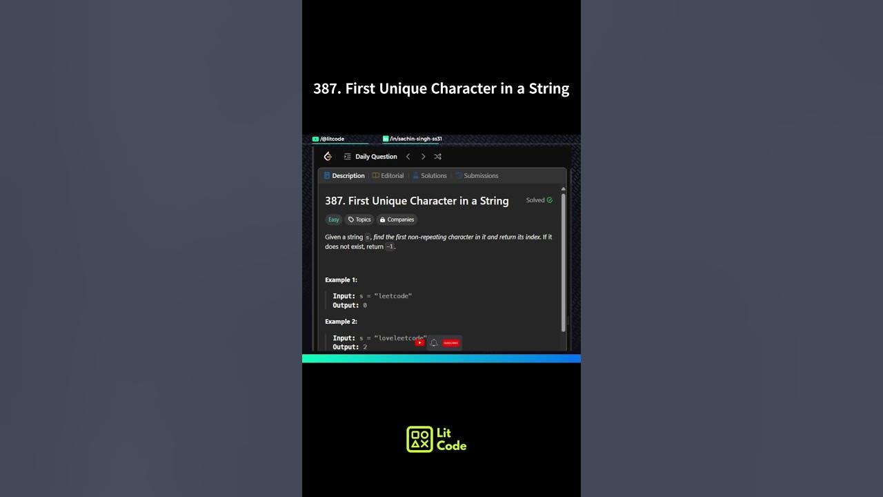Leetcode 387 First Unique Character In A String Shorts Python Leetcodechallenge Coding 