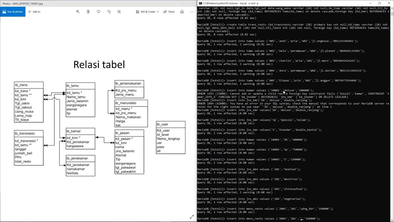 Membuat tabel relasi pemesanan hotel menggunakan cmd - YouTube
