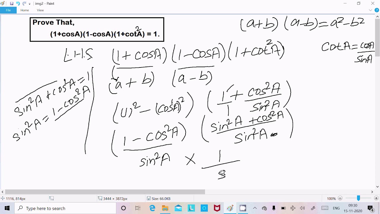 Prove that (1-cosA)(1+cosA)(1+cot^2A) - YouTube