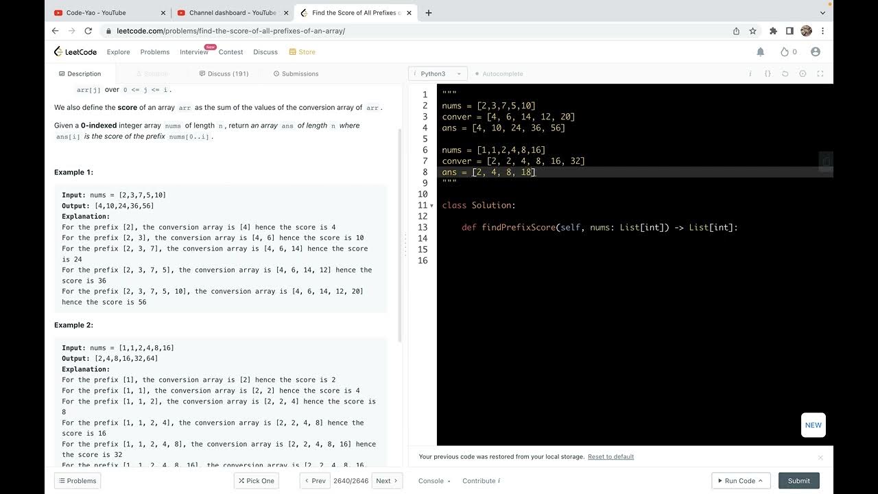 leetcode 2640. Find the Score of All Prefixes of an Array - partial sum - YouTube