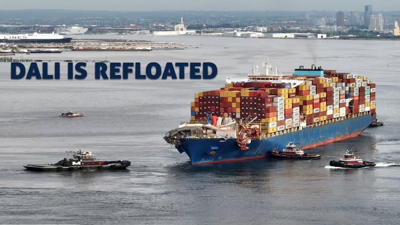 Re-Floating The Dali Container Ship From Key Bridge Collapse Site - YouTube