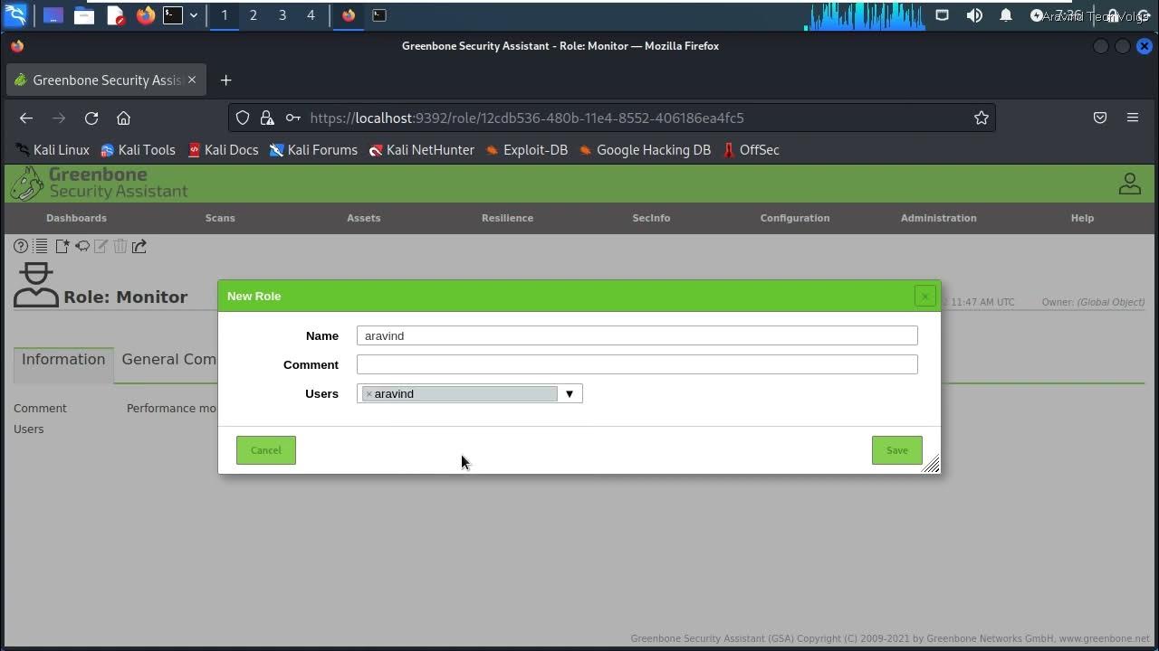 how to configure user role and permission in openvas tool in kali linux - YouTube