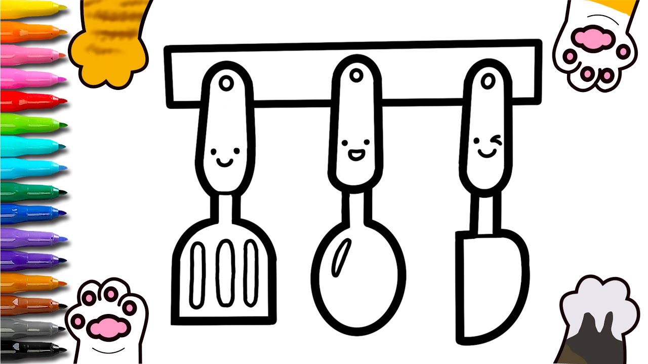 How to draw kitchen tools for children | drawing kitchen tools for kids ...