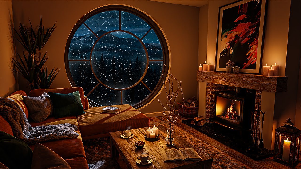 Cozy Winter Ambience with a Crackling Fireplace, Snowfall and Soft Wind ...