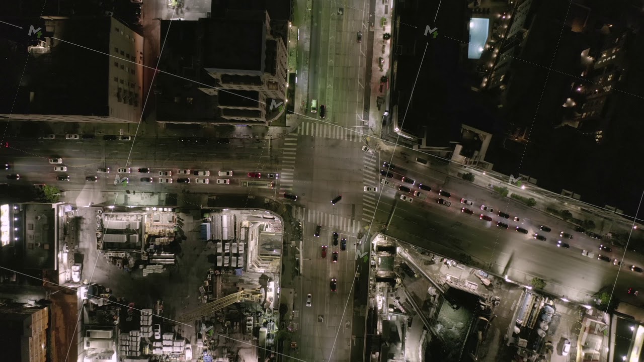 AERIAL: Overhead Rising on Intersection Street with big Construction ...