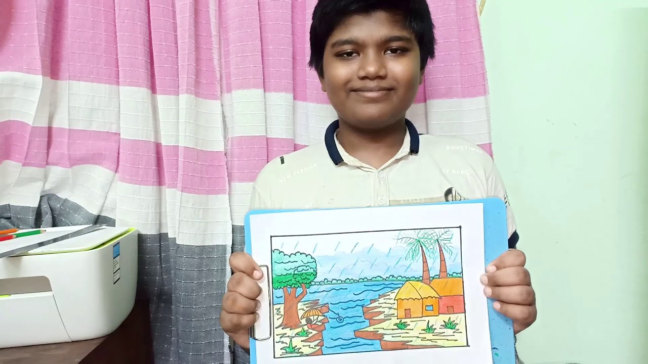 How to Draw Rainy Season Scenery for Kids | Step by Step Village ...