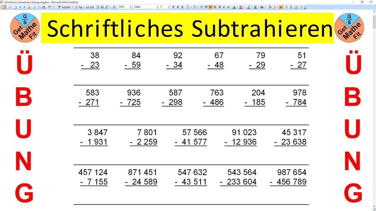 Schriftliches Subtrahieren - Übungsaufgaben - mit Übertrag ...
