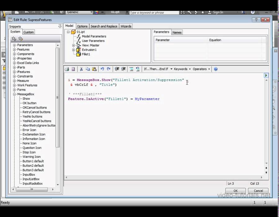 Inventor Ilogic Video Tutorial 37 Incorporating User Parameters Into Your Code Youtube