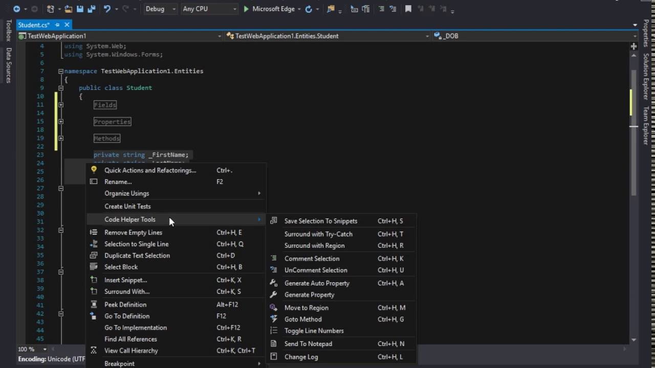 CodeHelper Visual Studio Extension - Move to Region - YouTube