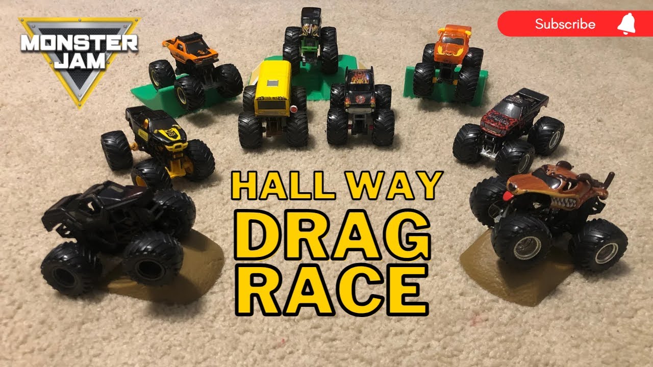 Monster Jam Diecast Racing. 9 Monster Jam Trucks Drag Race In A Hall ...