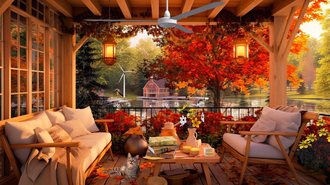 Autumn Cozy Cabin Porch in Forest Ambience with Falling Leaves ...