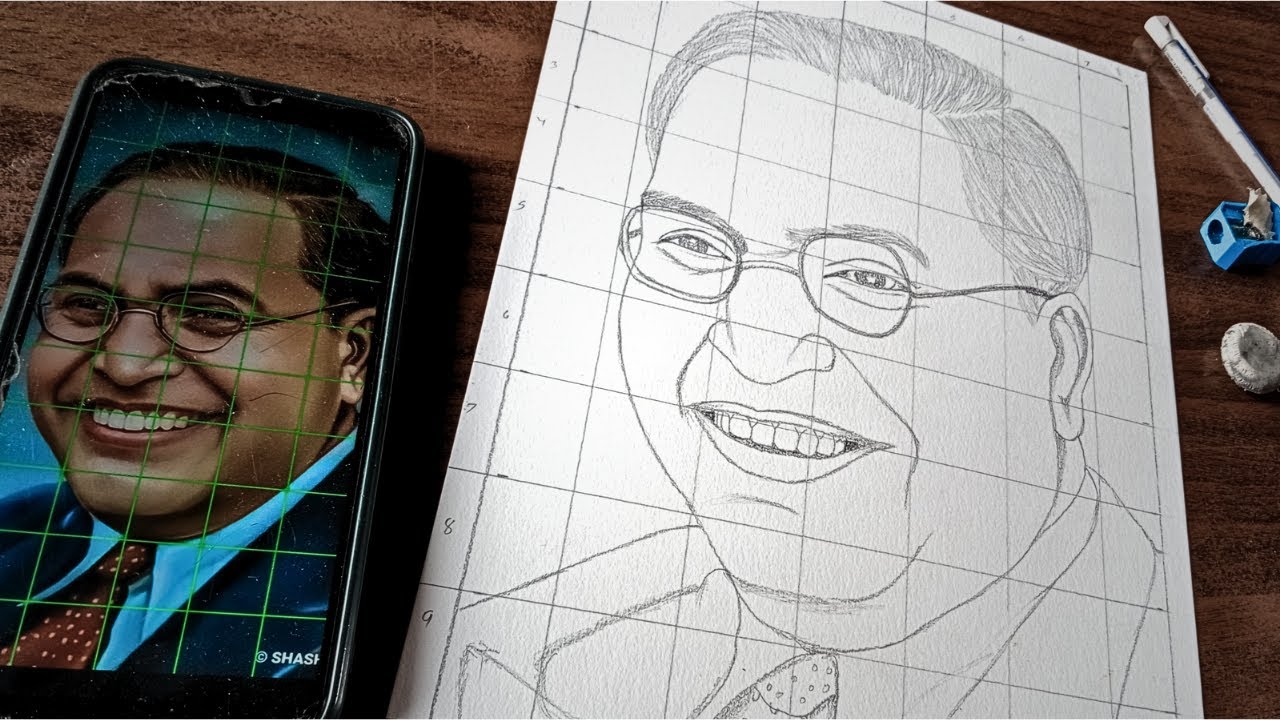 How to draw Dr. BR Ambedkar step by step, Grid Method Drawing tutorial ...