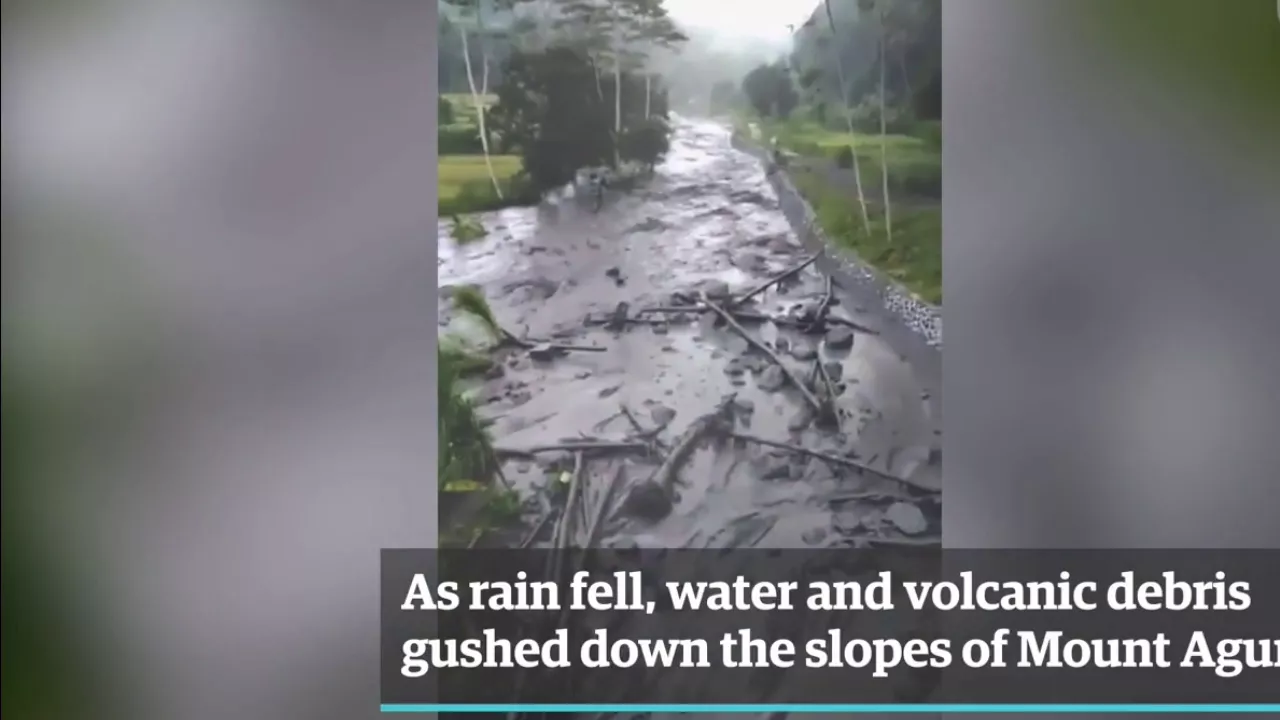 Cold lava flow in mount agung bali volcano eruption in Indonesia