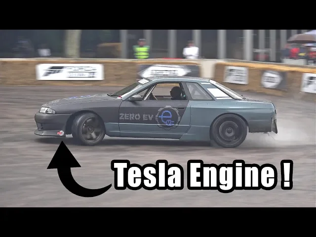 Watch This Tesla-Swapped Nissan Skyline R32 Drift Car Silently Slide Around